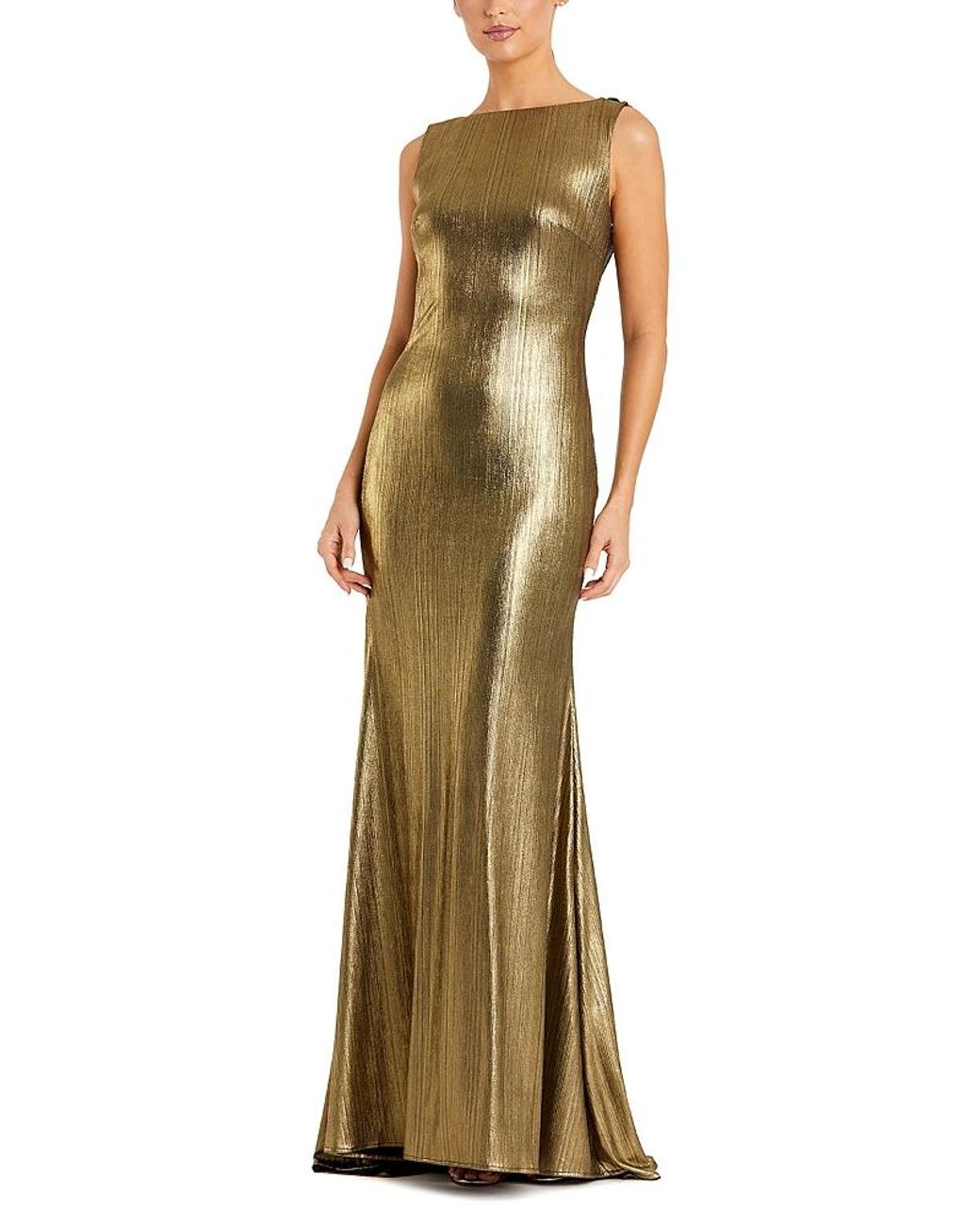 Mac Duggal Metallic Cowl Back Column Gown | Lyst