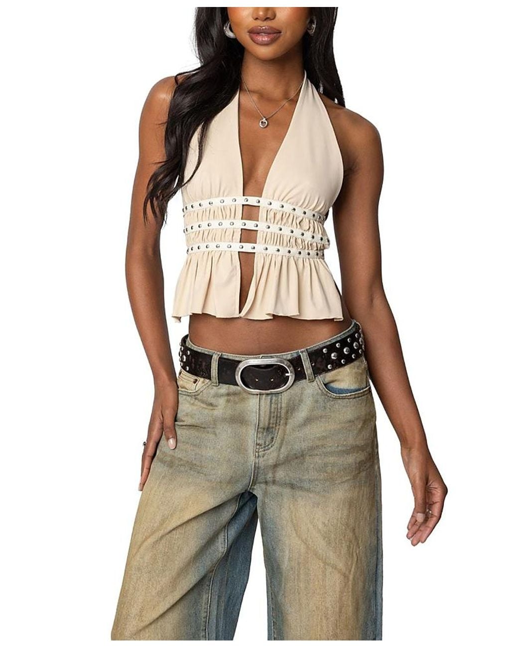 Edikted Studded Split Front Backless Halter Top in Green | Lyst