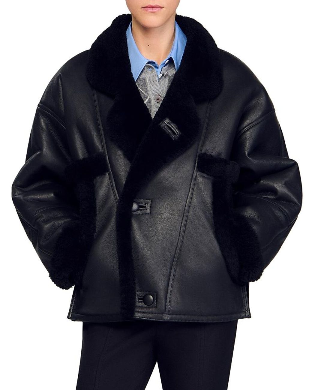 Sandro Short Shearling Coat in Blue | Lyst