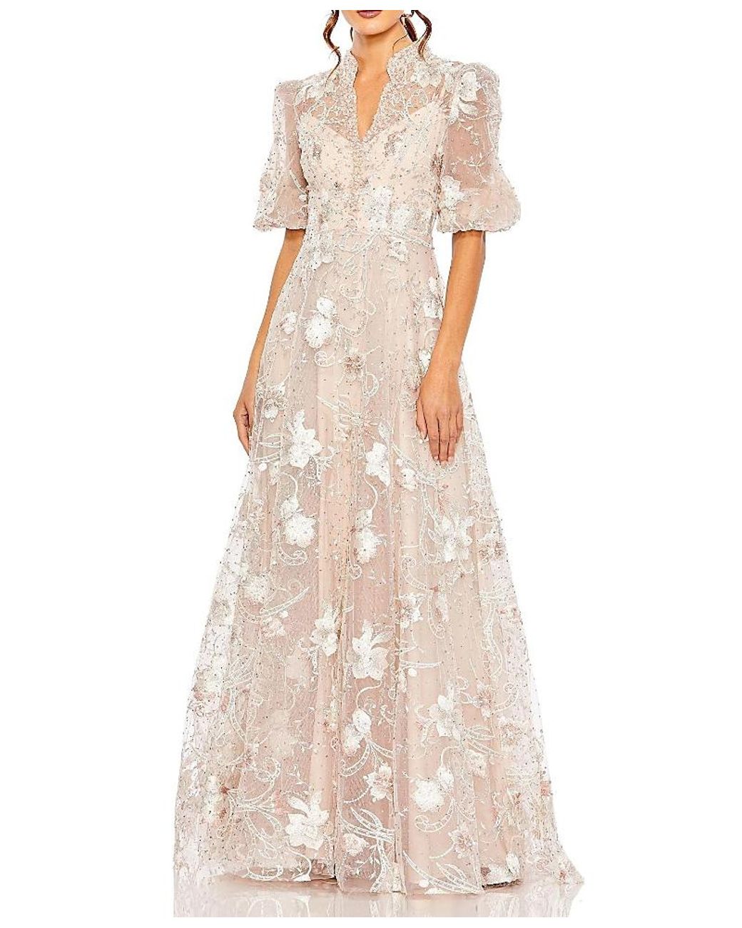 Mac Duggal Queen Anne Puff Sleeve A Line Gown in Natural | Lyst