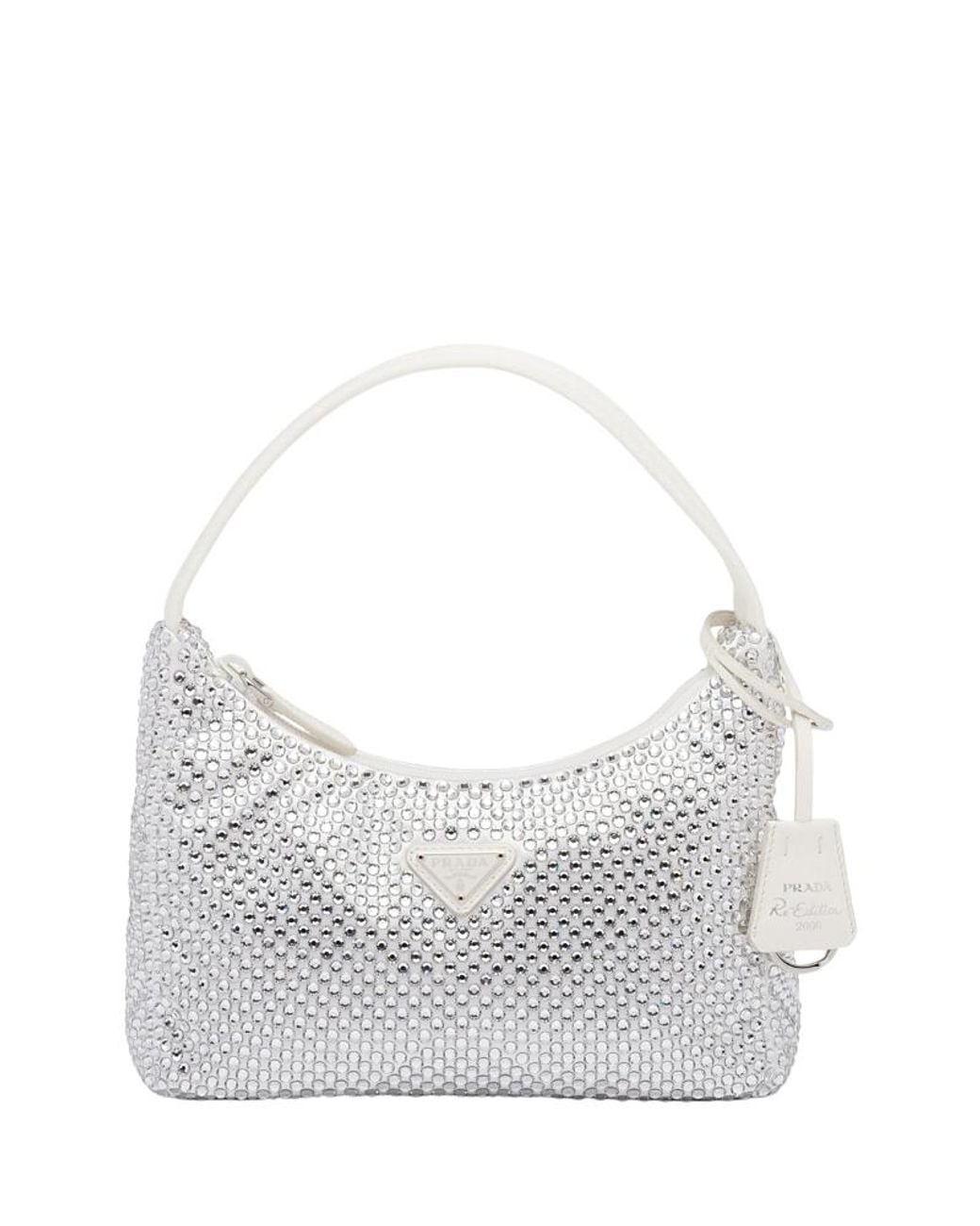 Prada Re-Edition Satin Mini-Bag With Crystals in White | Lyst