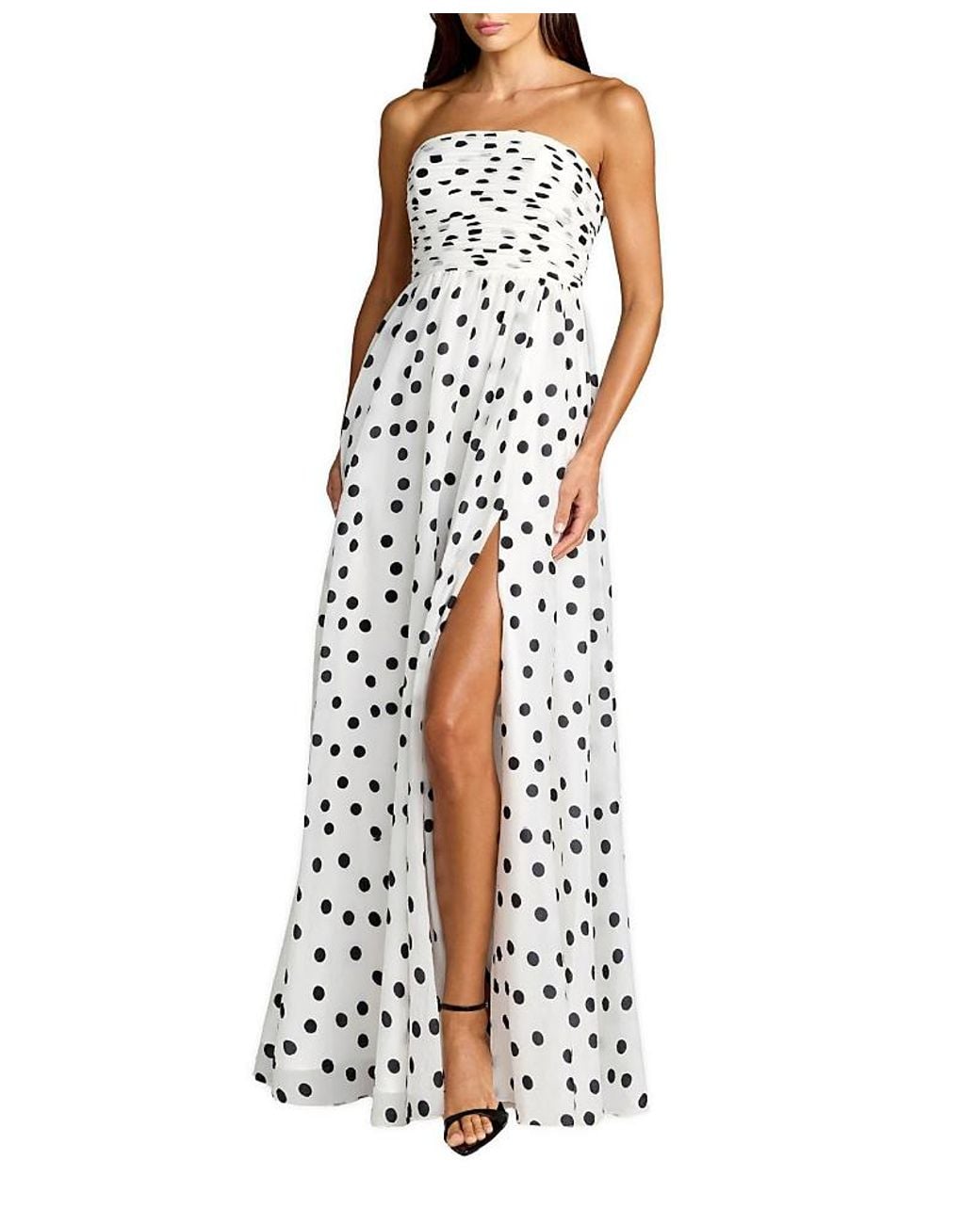 Mac Duggal Polka Dot Strapless Viscose Gown With Slit in White | Lyst