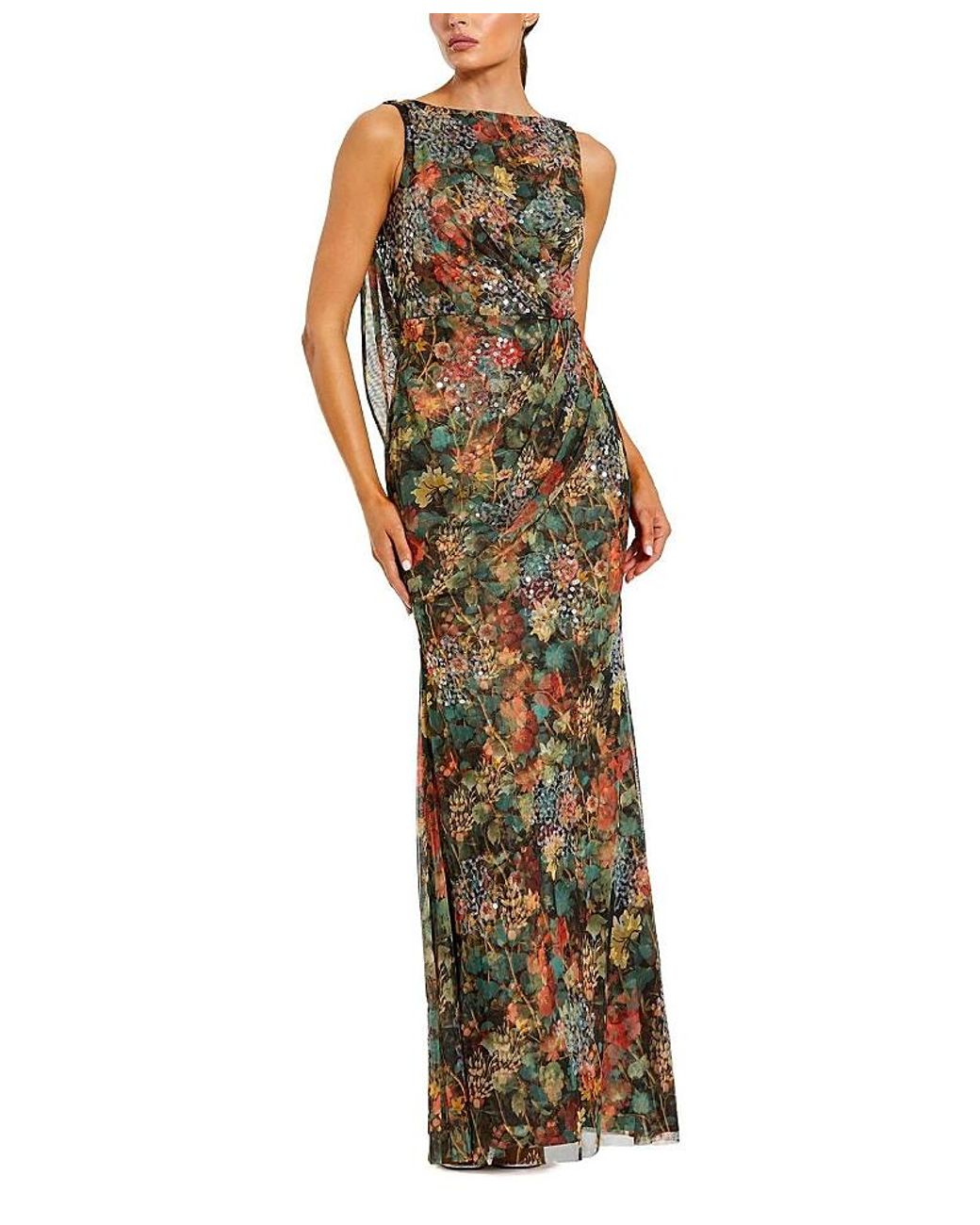 Mac Duggal Printed Mesh Cowl Back Column Gown in Metallic | Lyst