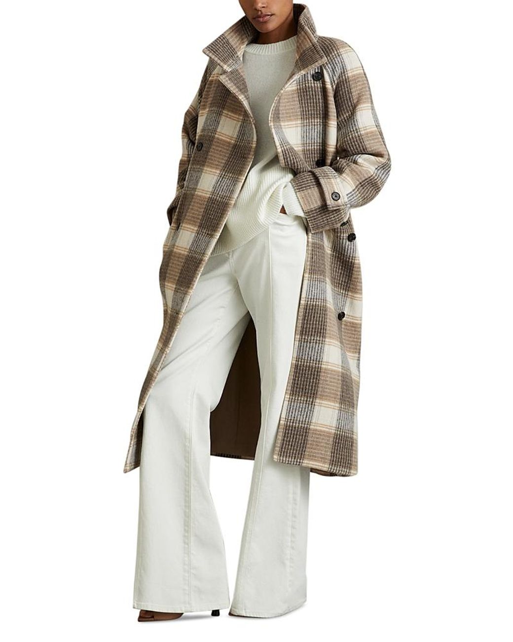 Reiss Piper Collar Check Wool Blend Coat in Natural | Lyst