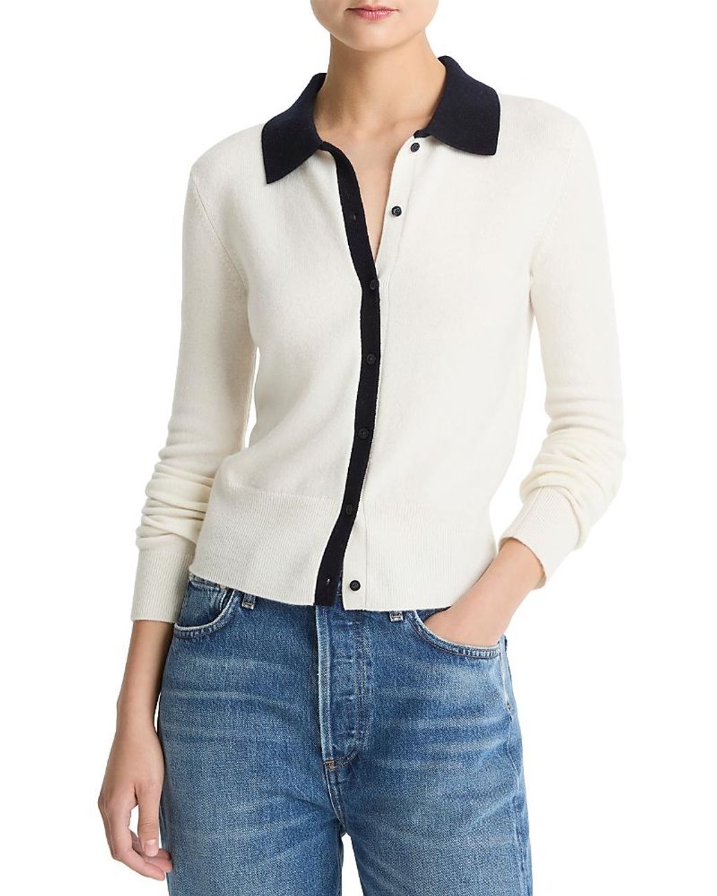 Vince Contrast Collared Sweater in White | Lyst