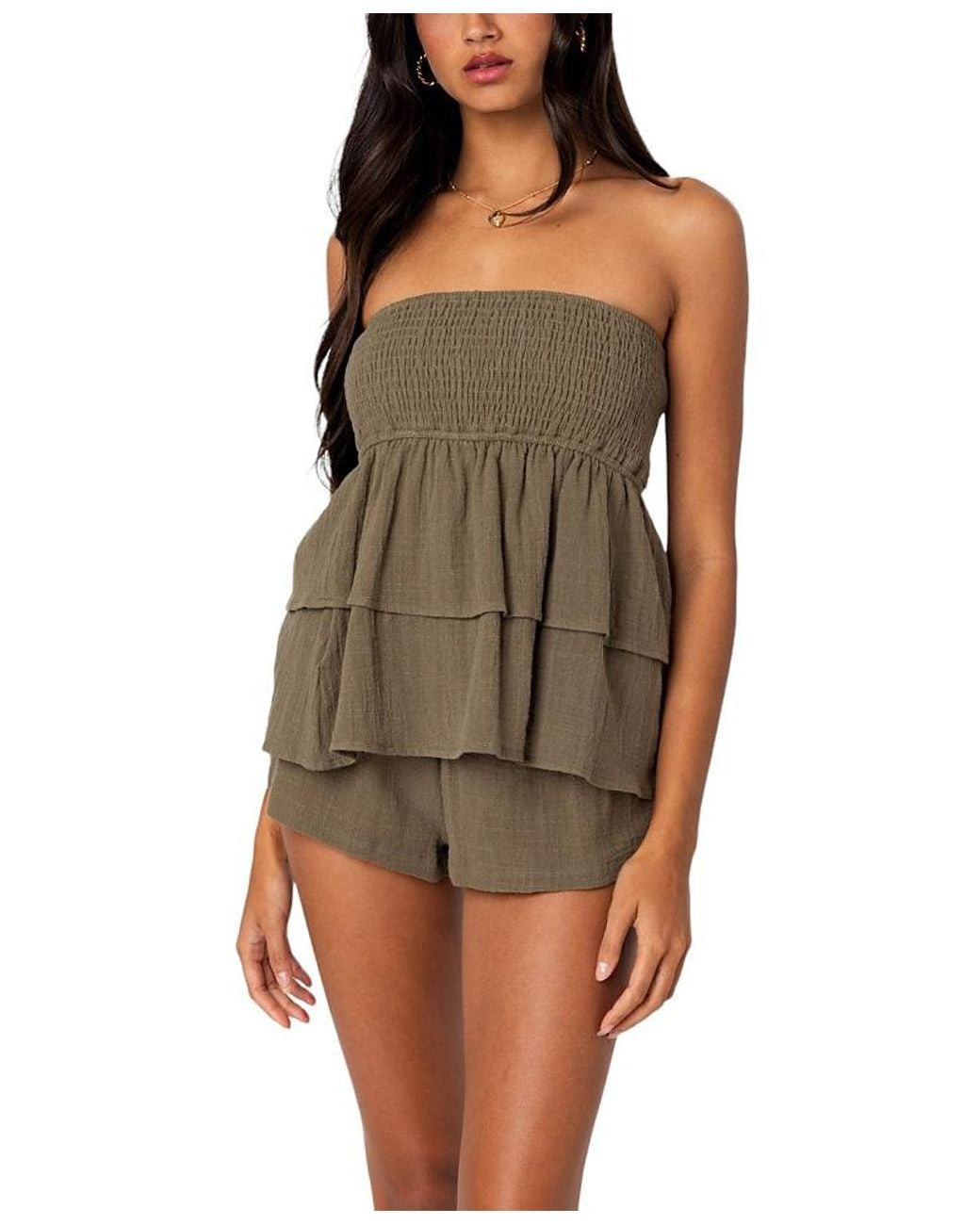 Edikted Harleigh Ruffled Linen Look Tube Top in Brown | Lyst