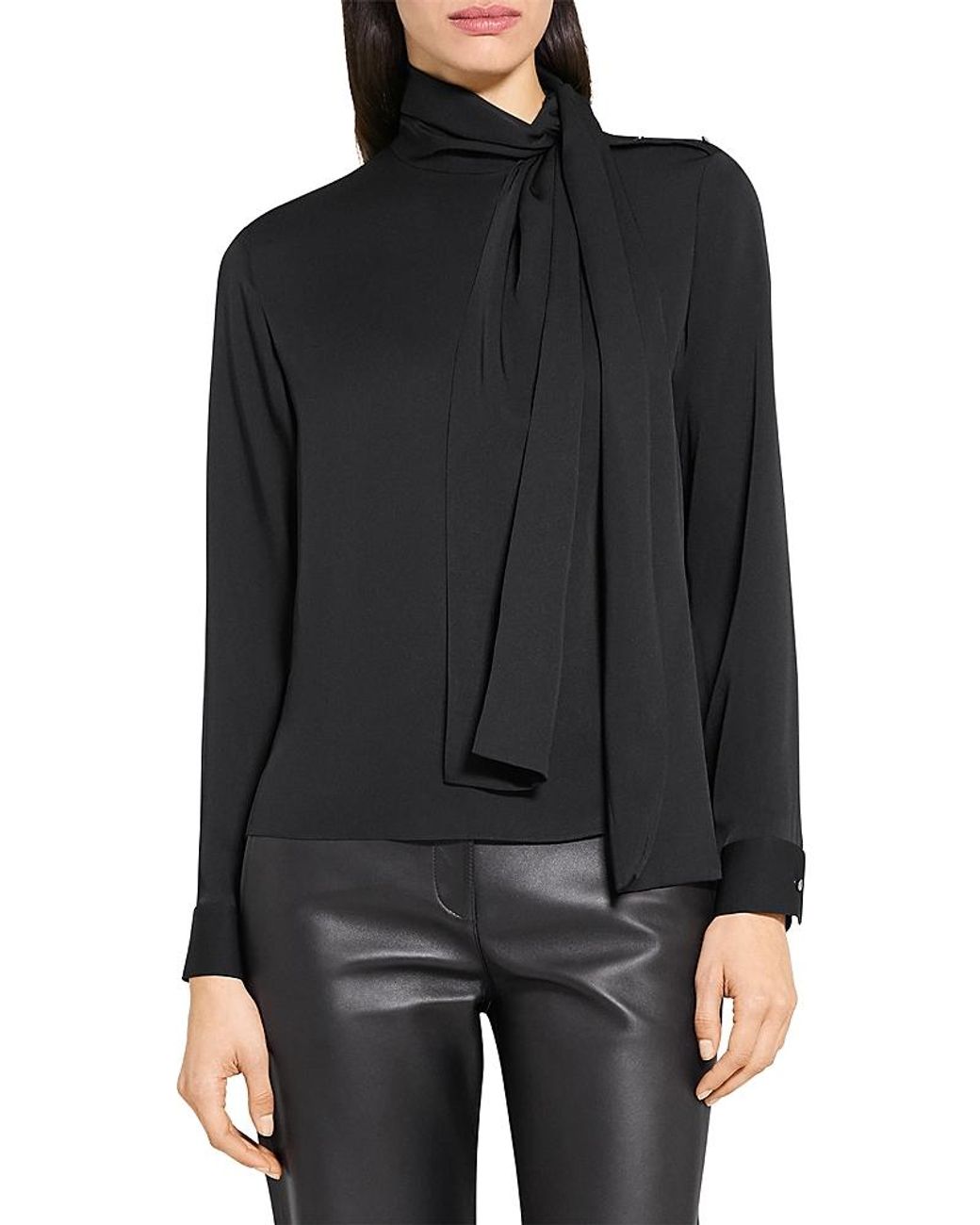 Theory Side Tie Neck Silk Blouse in Black | Lyst