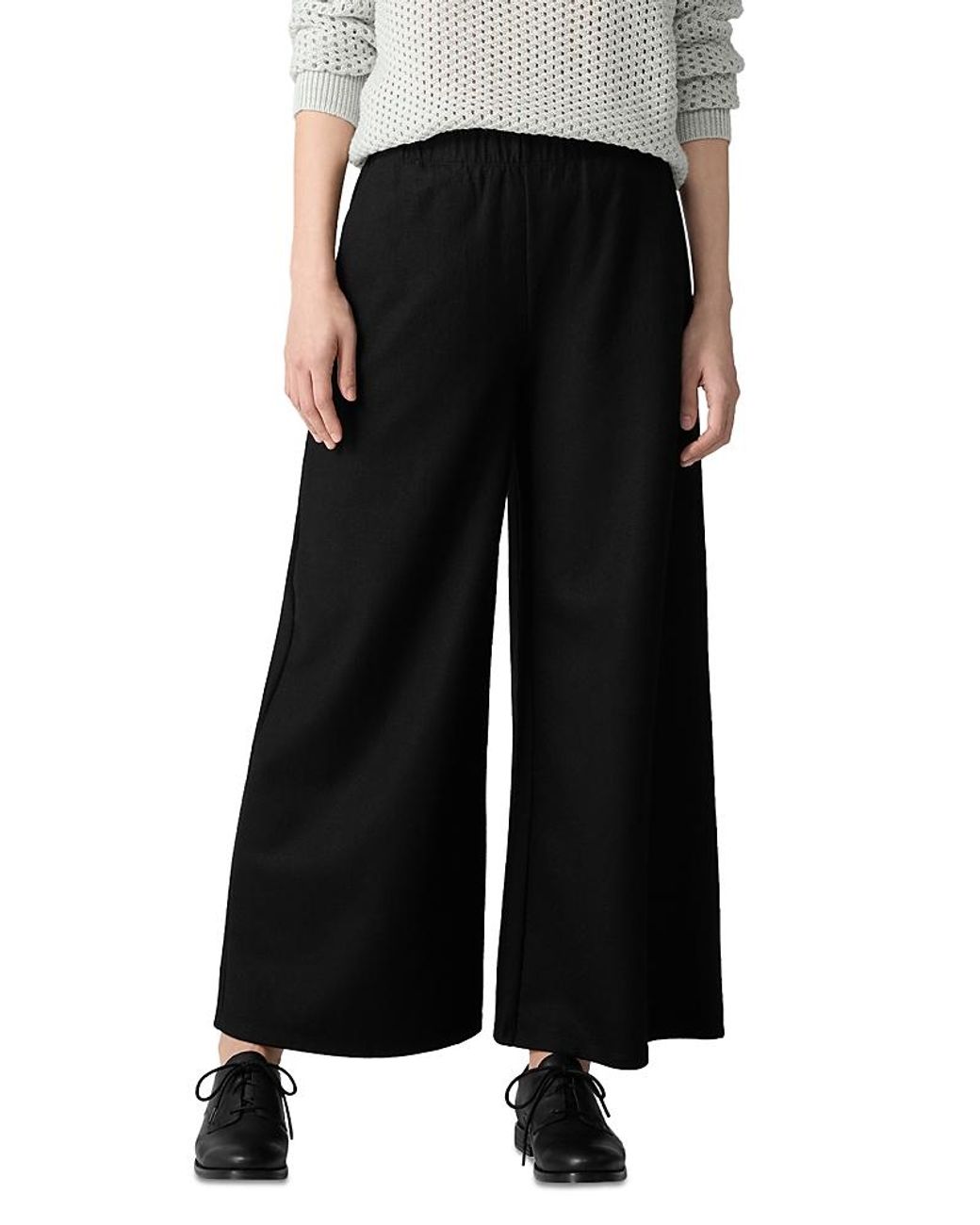Eileen Fisher Wool Wide Leg Ankle Pants in Black | Lyst UK