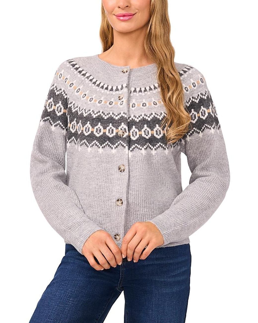 Cece Fair Isle Raglan Cardigan in Gray | Lyst