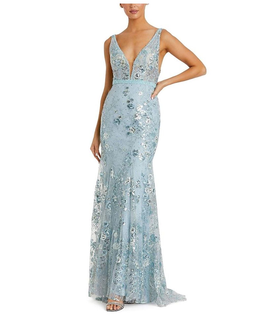 Mac Duggal Floral Embellished Sleeveless Plunge Neck Gown in Blue | Lyst