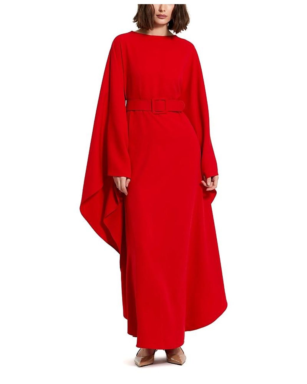 Mac Duggal Crepe Boat Neck Shawl Gown With Belt in Red | Lyst