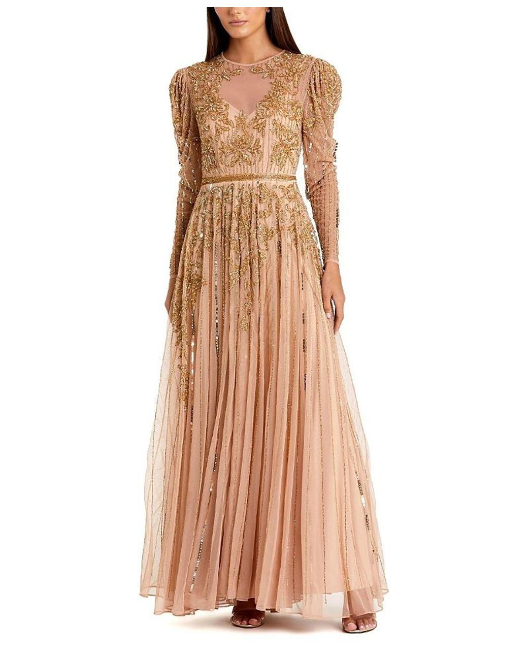 Mac Duggal Beaded Illusion Puff Sleeve Gown in Natural | Lyst