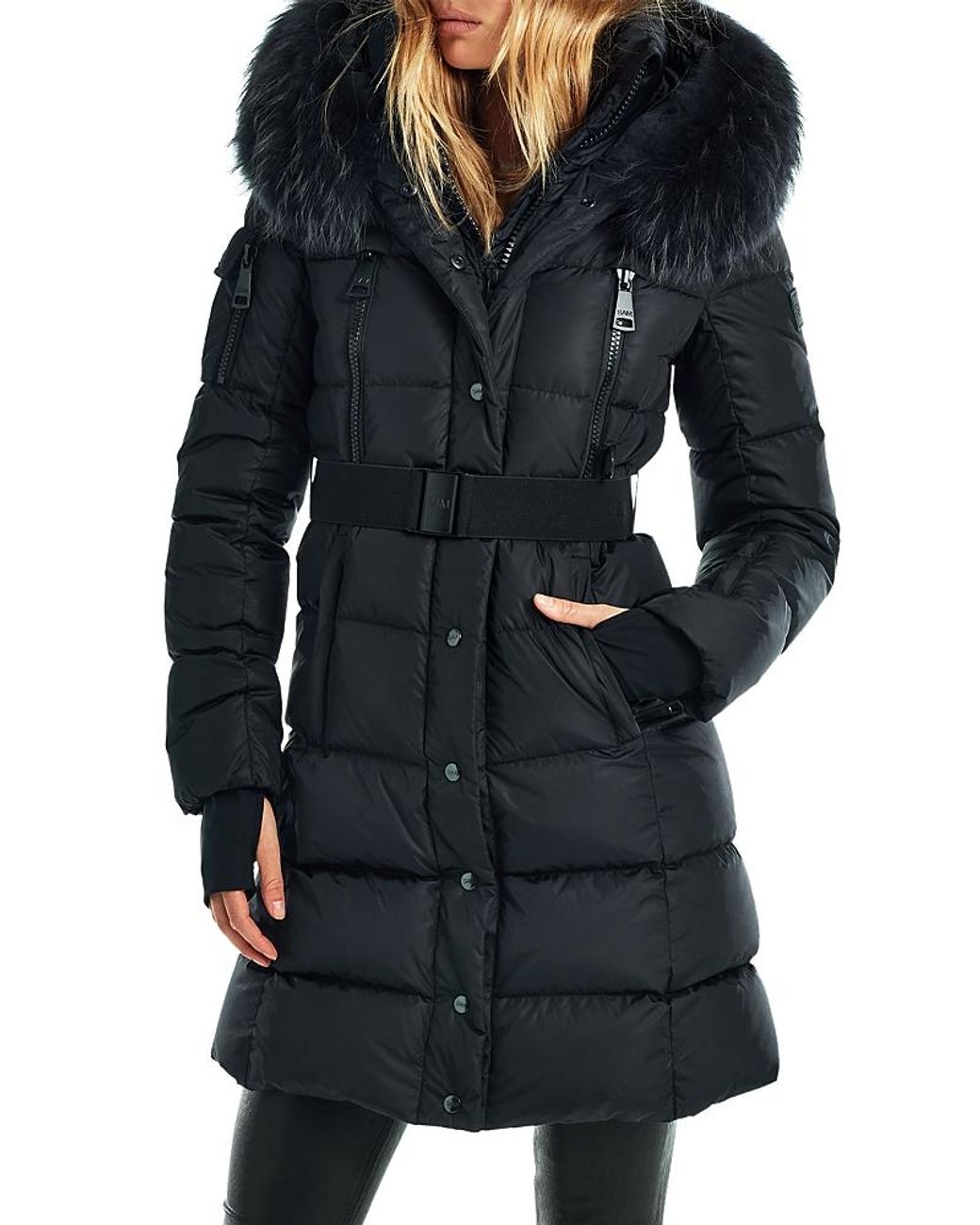Sam. Infinity Down Coat With Shearling Trimmed Hood in Black | Lyst