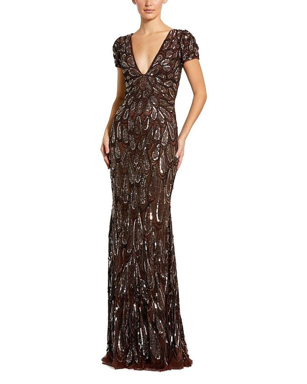 Mac Duggal Beaded Embellished V Neck Cap Sleeve Column Gown in Brown | Lyst
