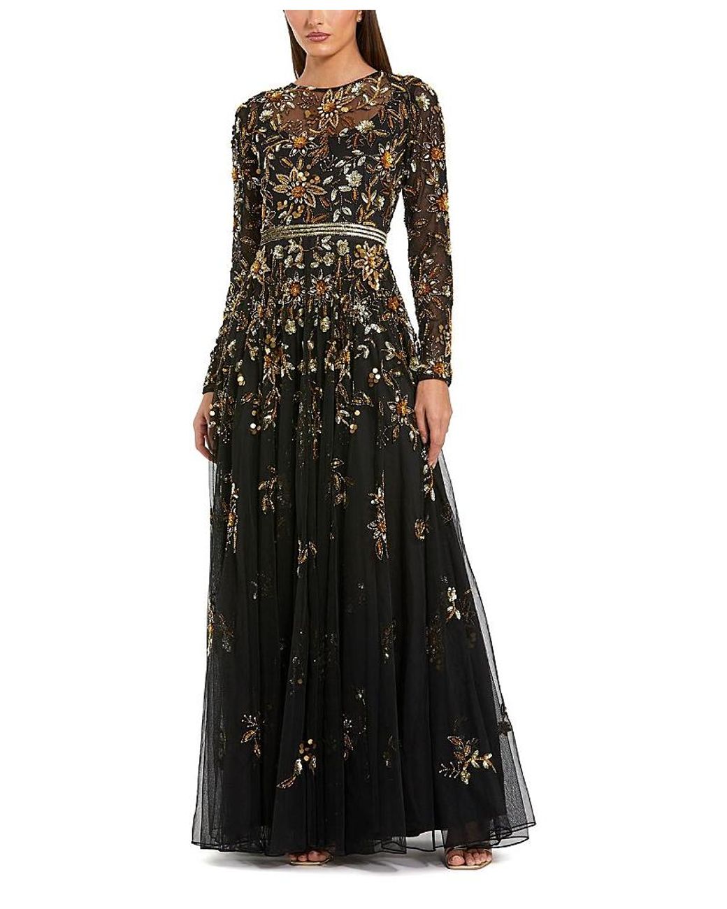 Mac Duggal Hand Beaded Mesh Long Sleeve High Neck A Line Gown in Black ...