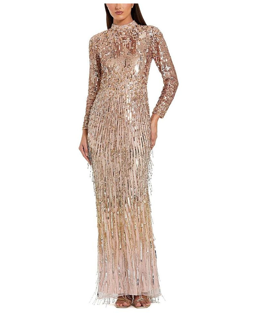 Mac Duggal Mock Neck Long Sleeve Sequin & Fringe Column Gown in Natural ...