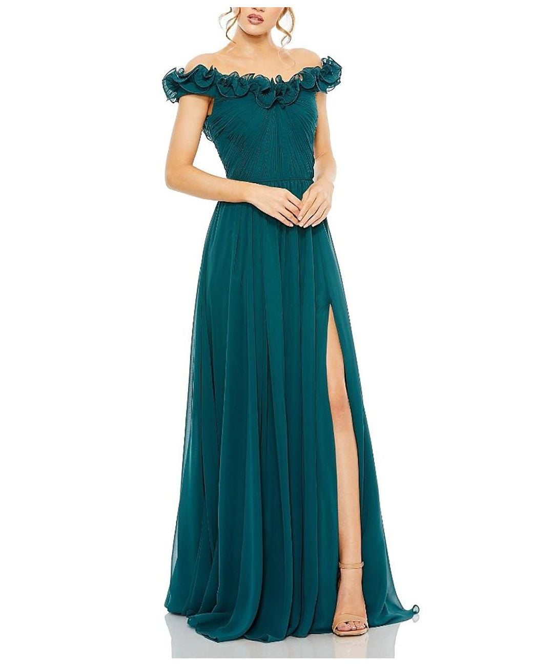 Mac Duggal Ruched Off The Shoulder A Line Gown in Green | Lyst