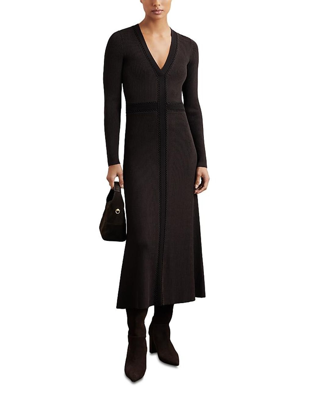 Reiss Laura Craft Detail Knit Midi Dress in Black | Lyst