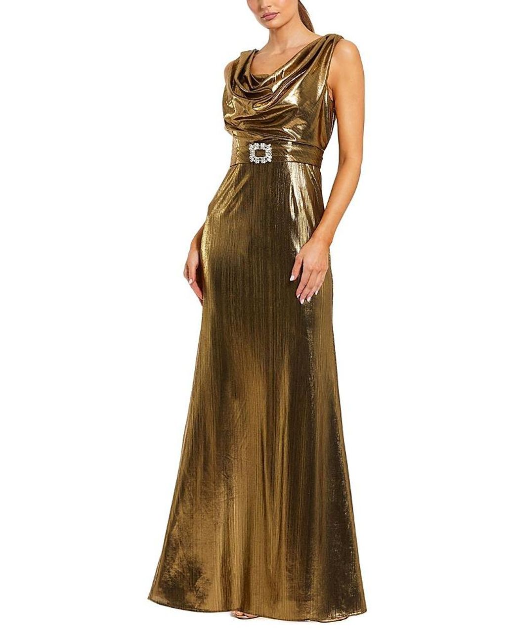 Mac Duggal Metallic Sleeveless Cowl Neck Gown With Belt | Lyst