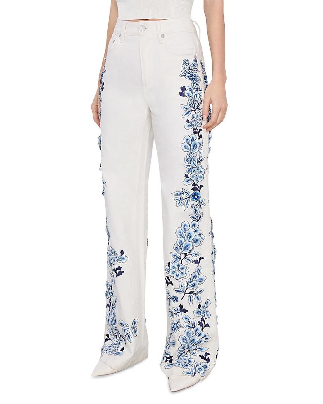 Alice + Olivia Weezy Floral Embroidered Pants in White | Lyst