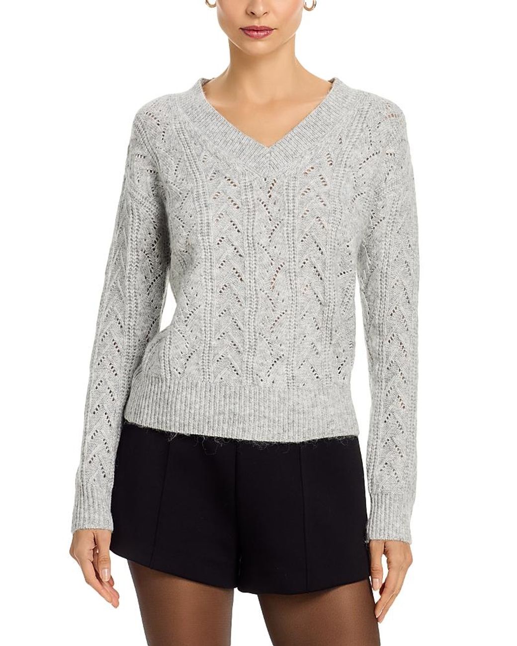 Aqua Brka Pointelle V Neck Sweater in Gray | Lyst