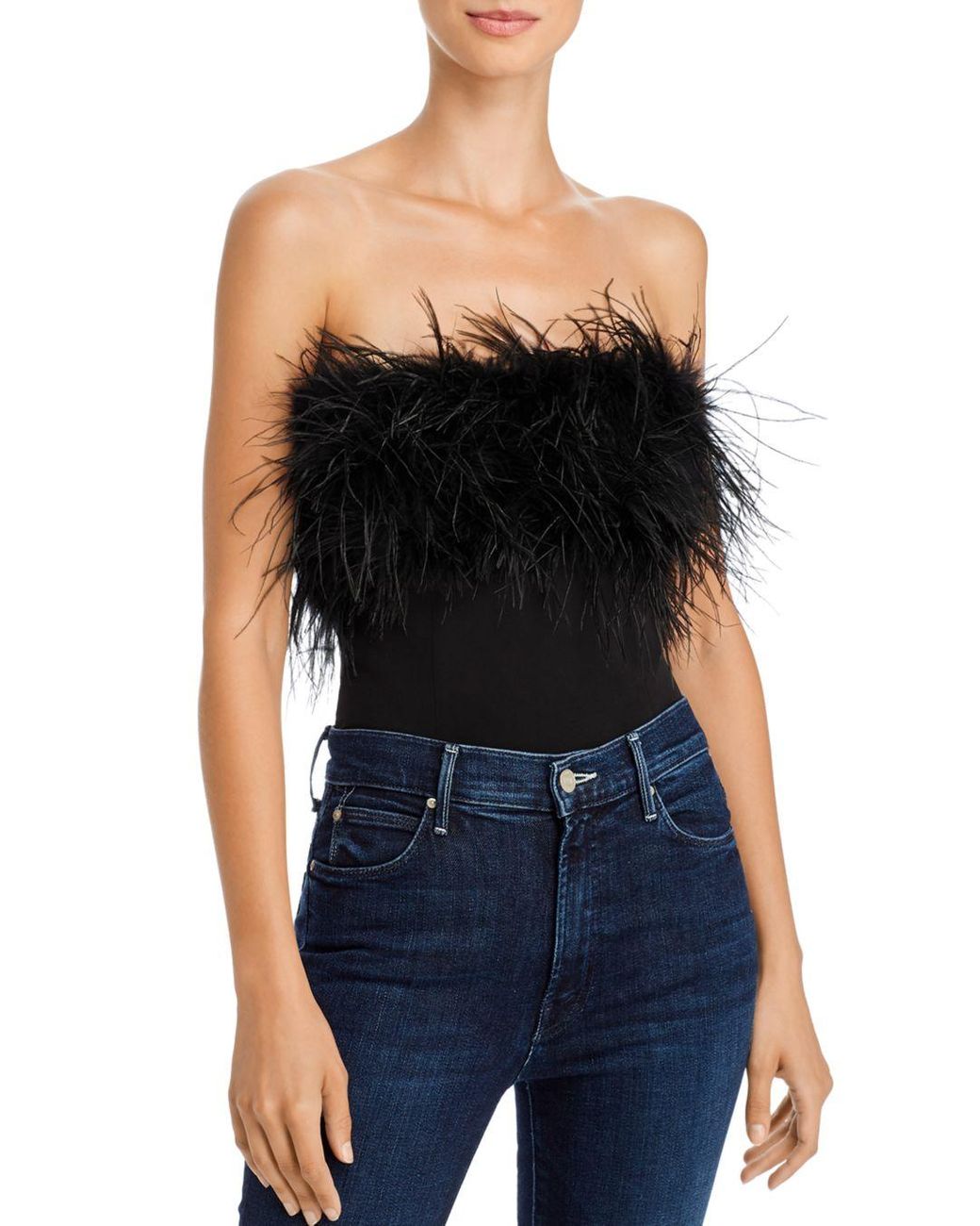 Bardot Feather Trim Strapless Bodysuit In Black Lyst