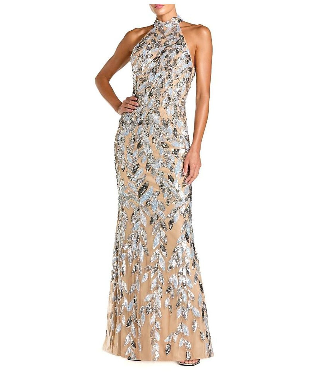 Mac Duggal Sequin Halter Column Gown With Open Back in Metallic | Lyst