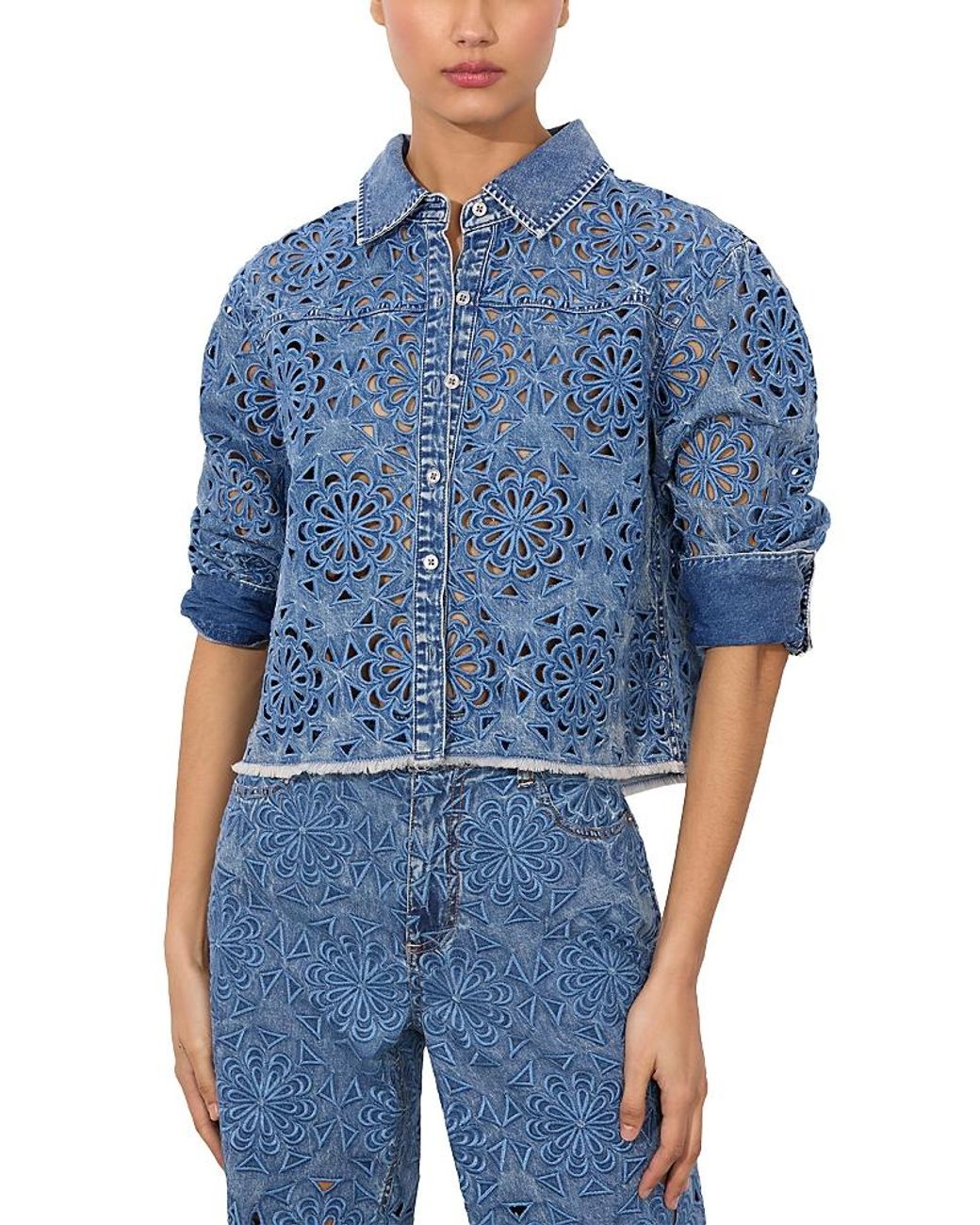 Alice + Olivia Finely Cropped Laser Cut Jacket in Blue | Lyst