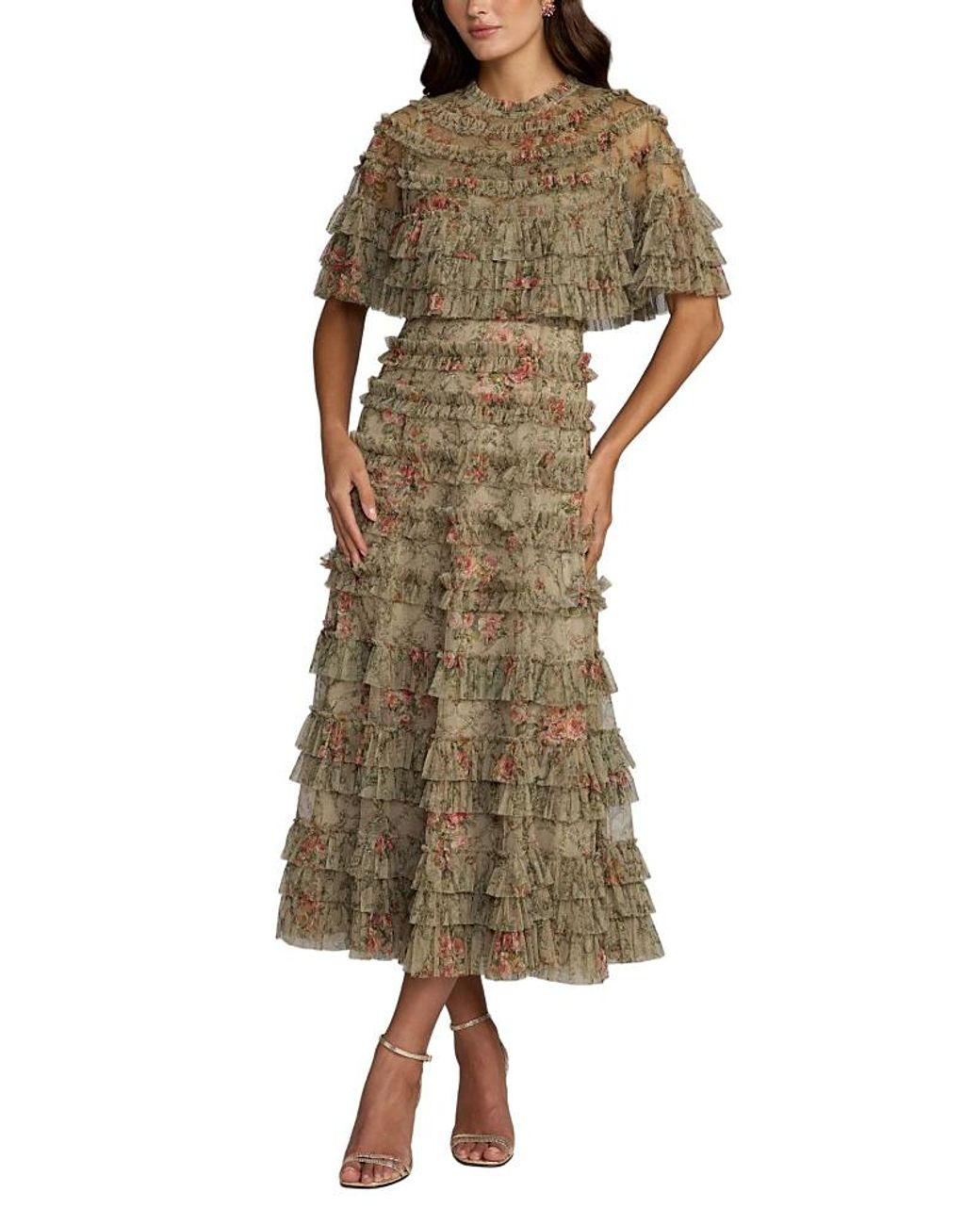 Mac Duggal Floral Mesh Ruffle Midi Dress in Natural | Lyst