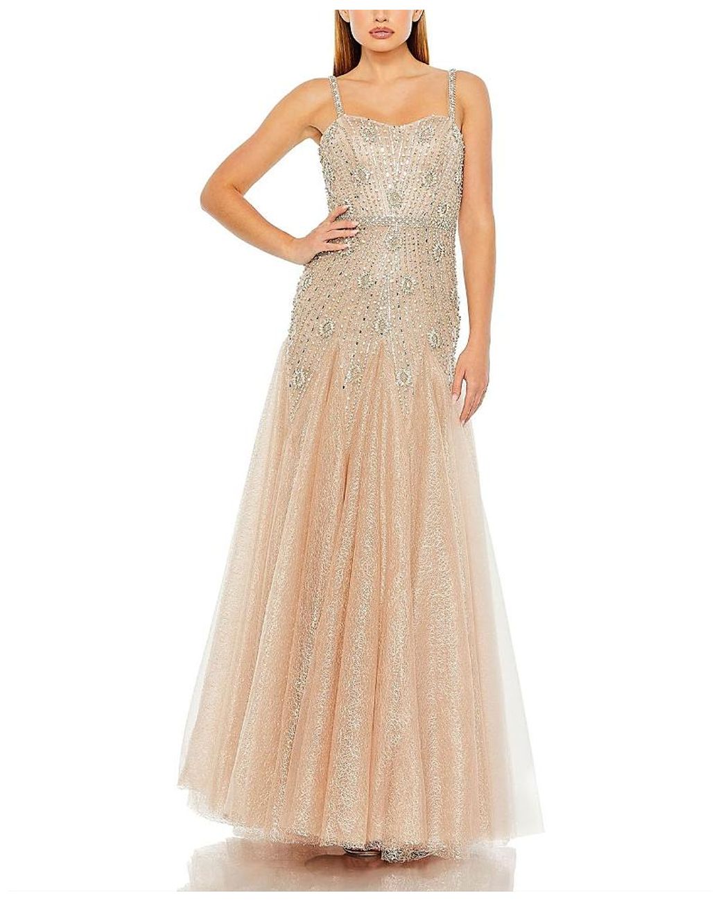 Mac Duggal Slim Strap Embellished Bustier Gown in Natural | Lyst