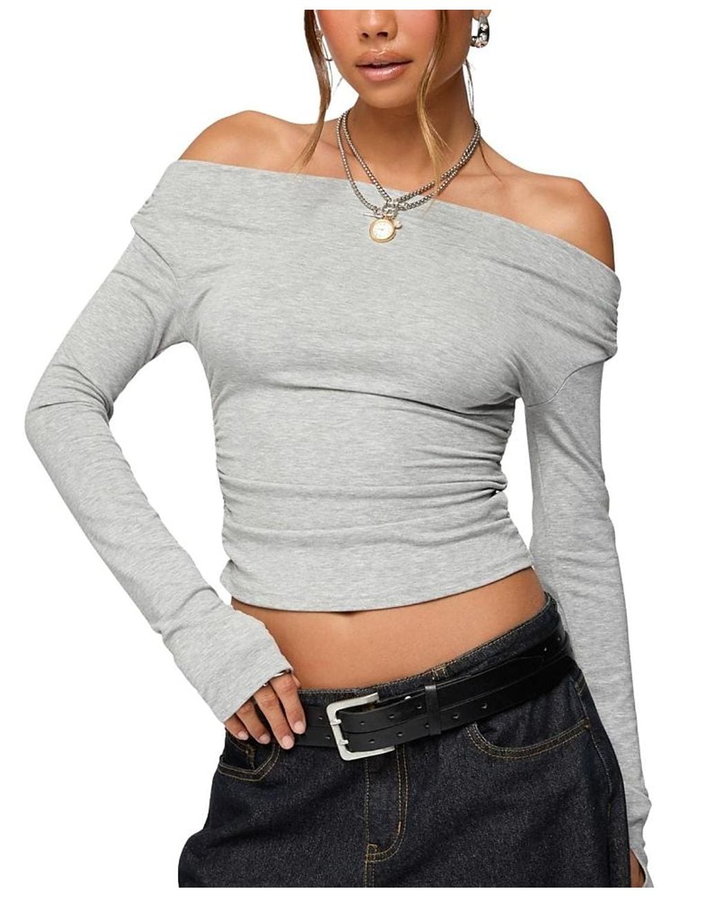 Edikted Milane Ruched Off Shoulder Ribbed Top in Gray | Lyst