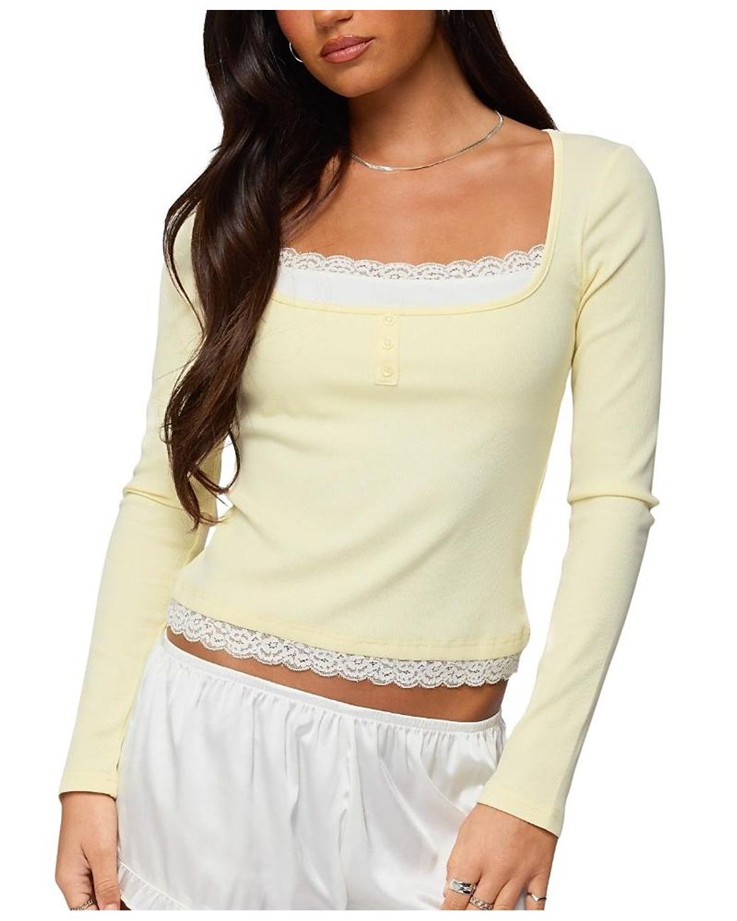 Edikted Joana Layered Lacey Henley Top in Natural | Lyst