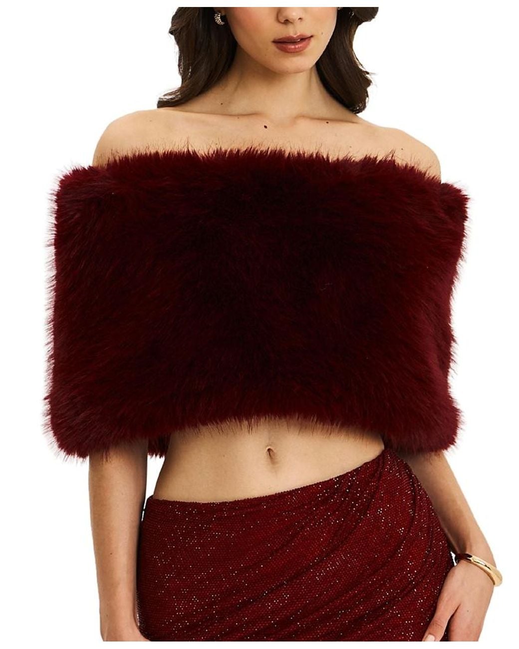 Miss Circle Darla Faux Fur Off-Shoulder Cropped Top in Red | Lyst