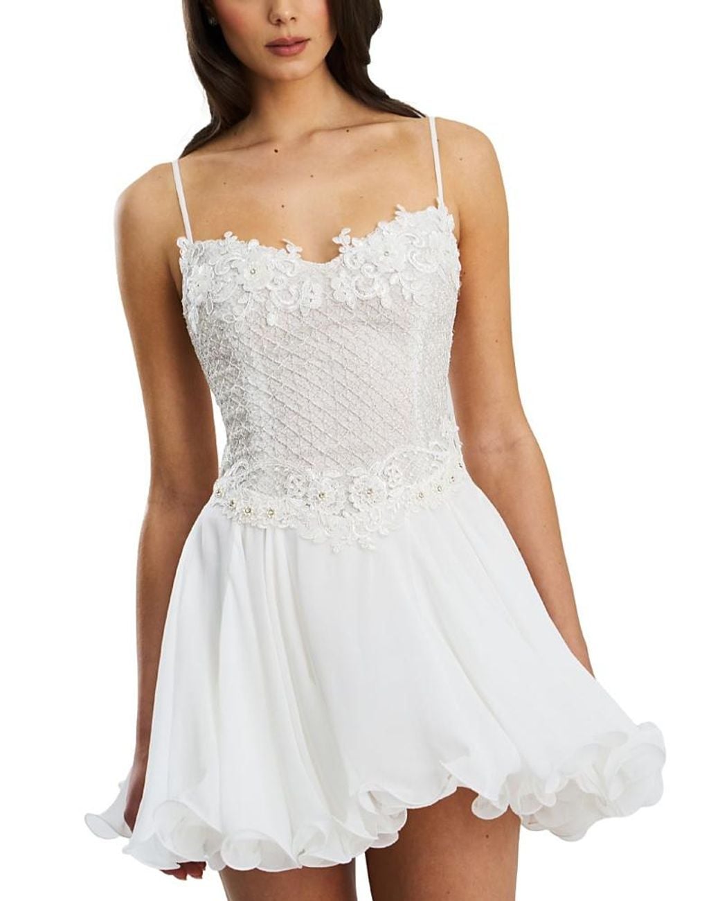 Miss Circle Fabiola Lace Trim Net Top Mini Flare Chiffon Dress in White ...