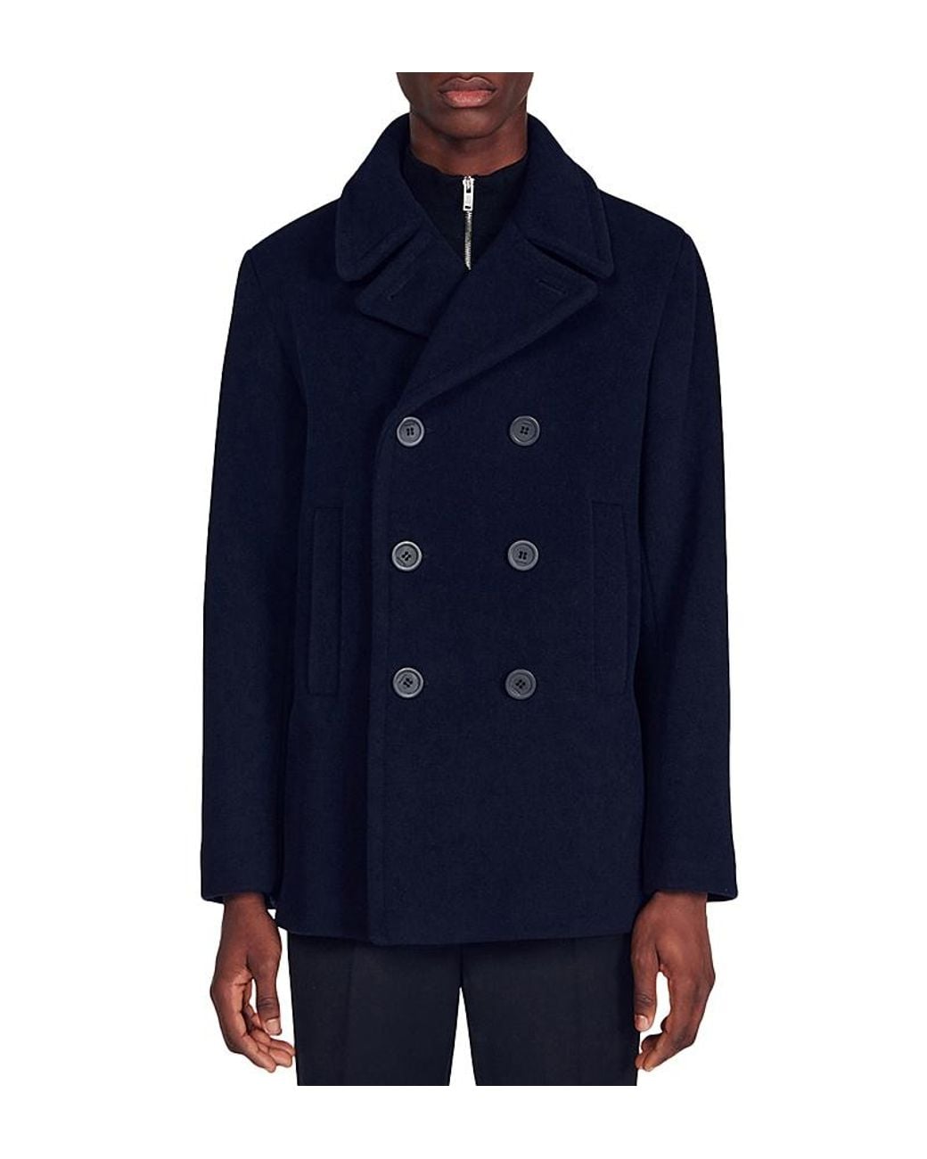 Sandro Double Breasted Wool Peacoat in Blue for Men | Lyst