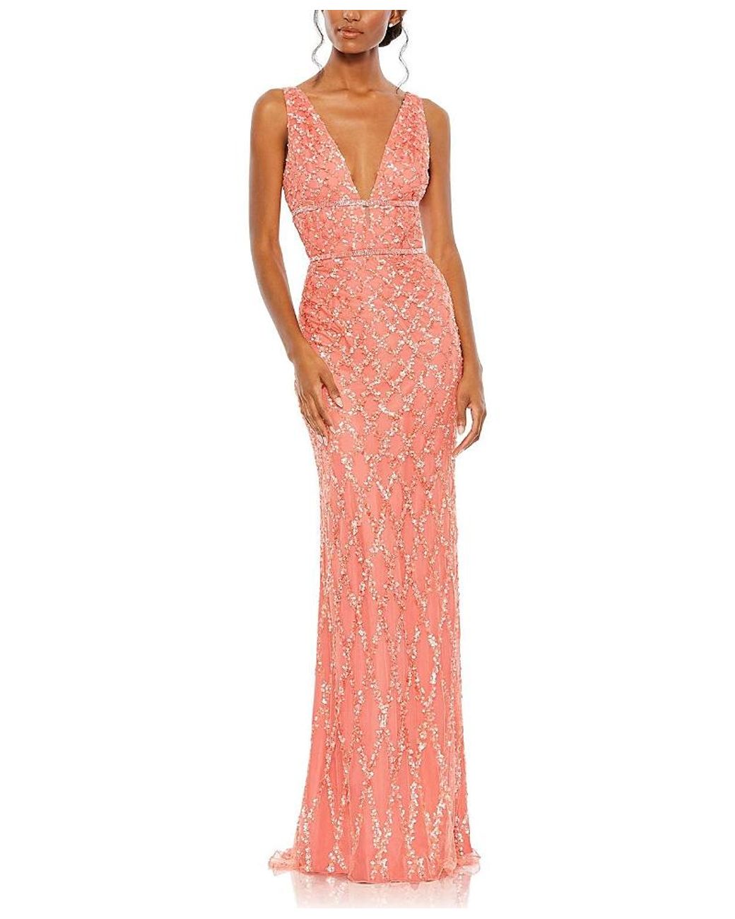 Mac Duggal Sequined Plunge Neck Sleeveless Column Gown in White | Lyst