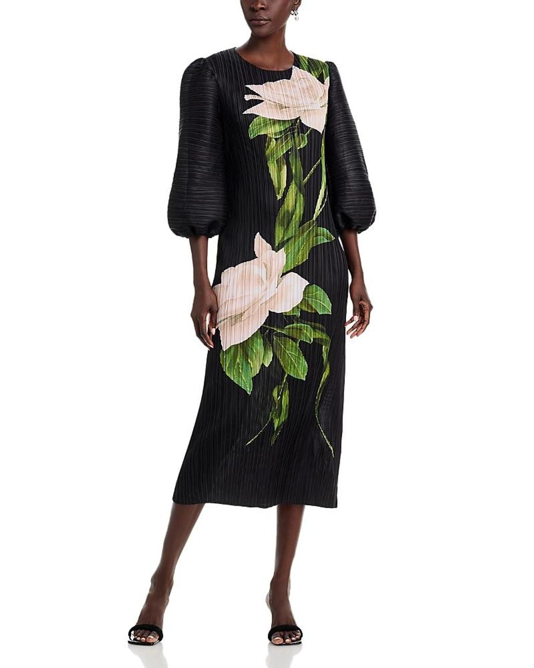 Nancy Yang Floral Print Crinkle Dress in Black | Lyst