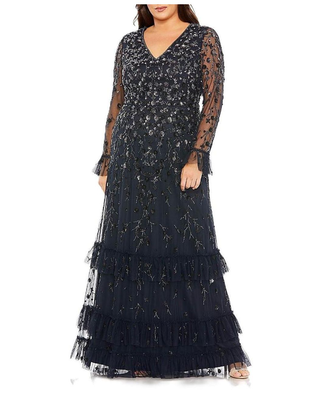 Mac Duggal Plus V- Neck Embellished Long Flutter Sleeve Gown in Blue | Lyst