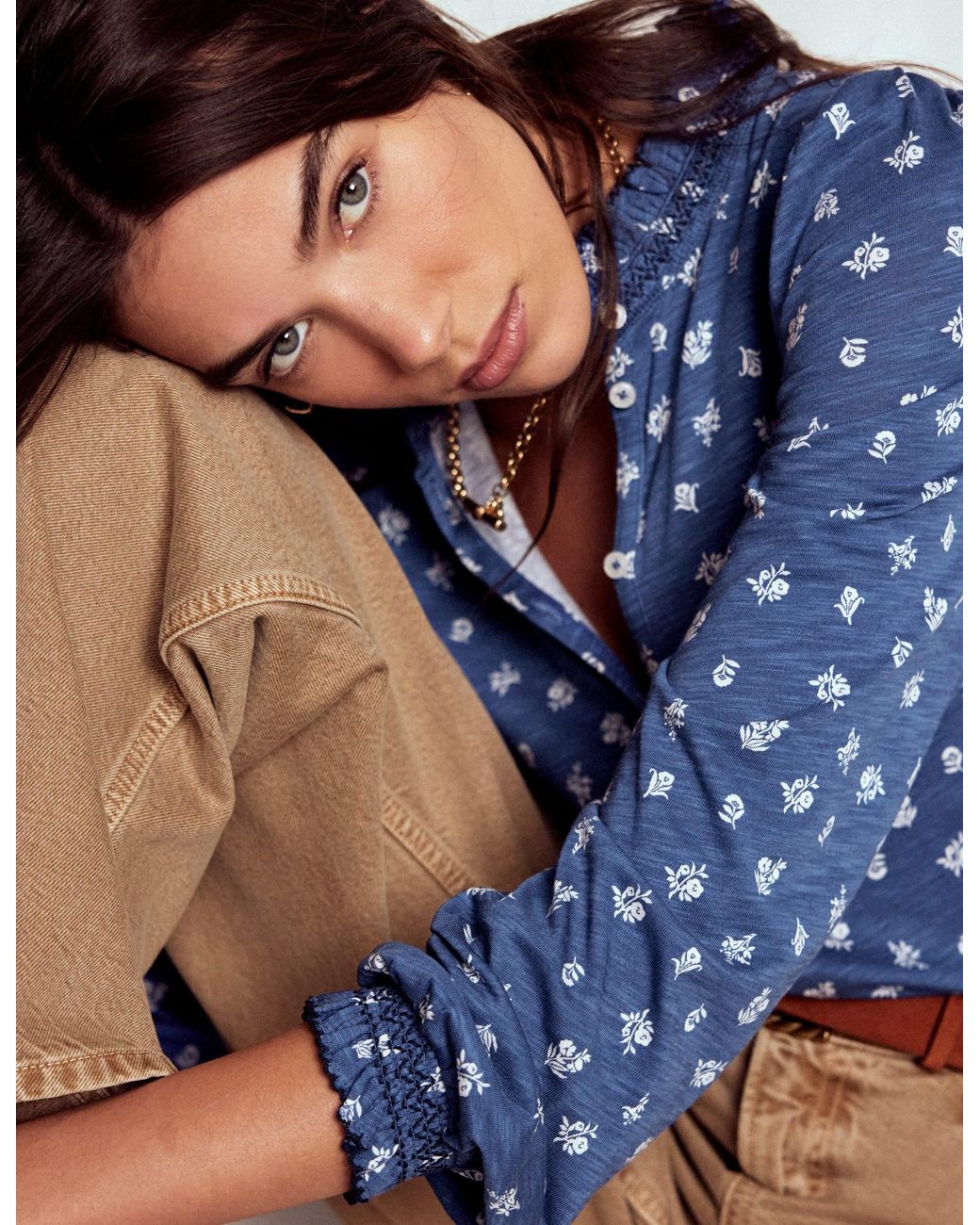 Boden Effie Smocked Detail Shirt True, Flower Press Small in Blue | Lyst