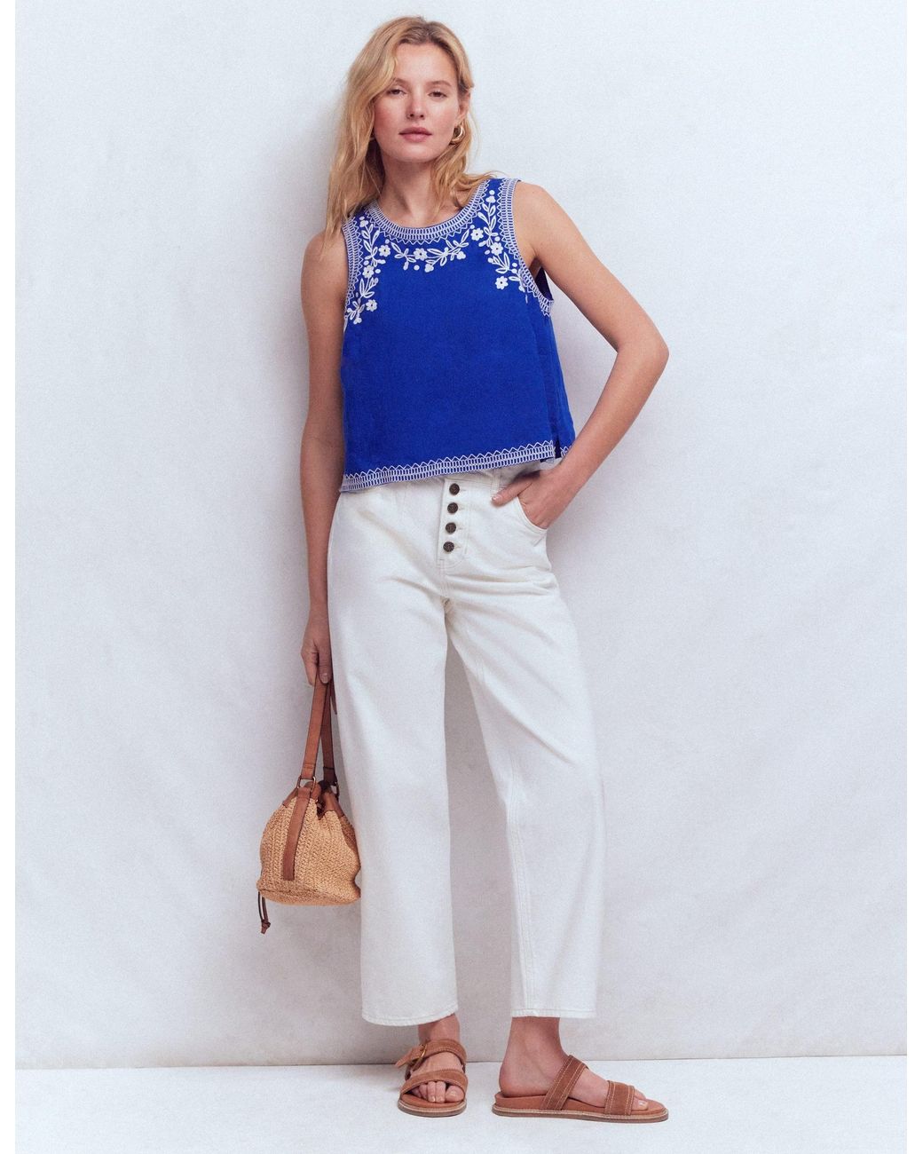 Boden Sofia Embroidered Linen Top-Surf The Web, Ivory Flower Emb in ...