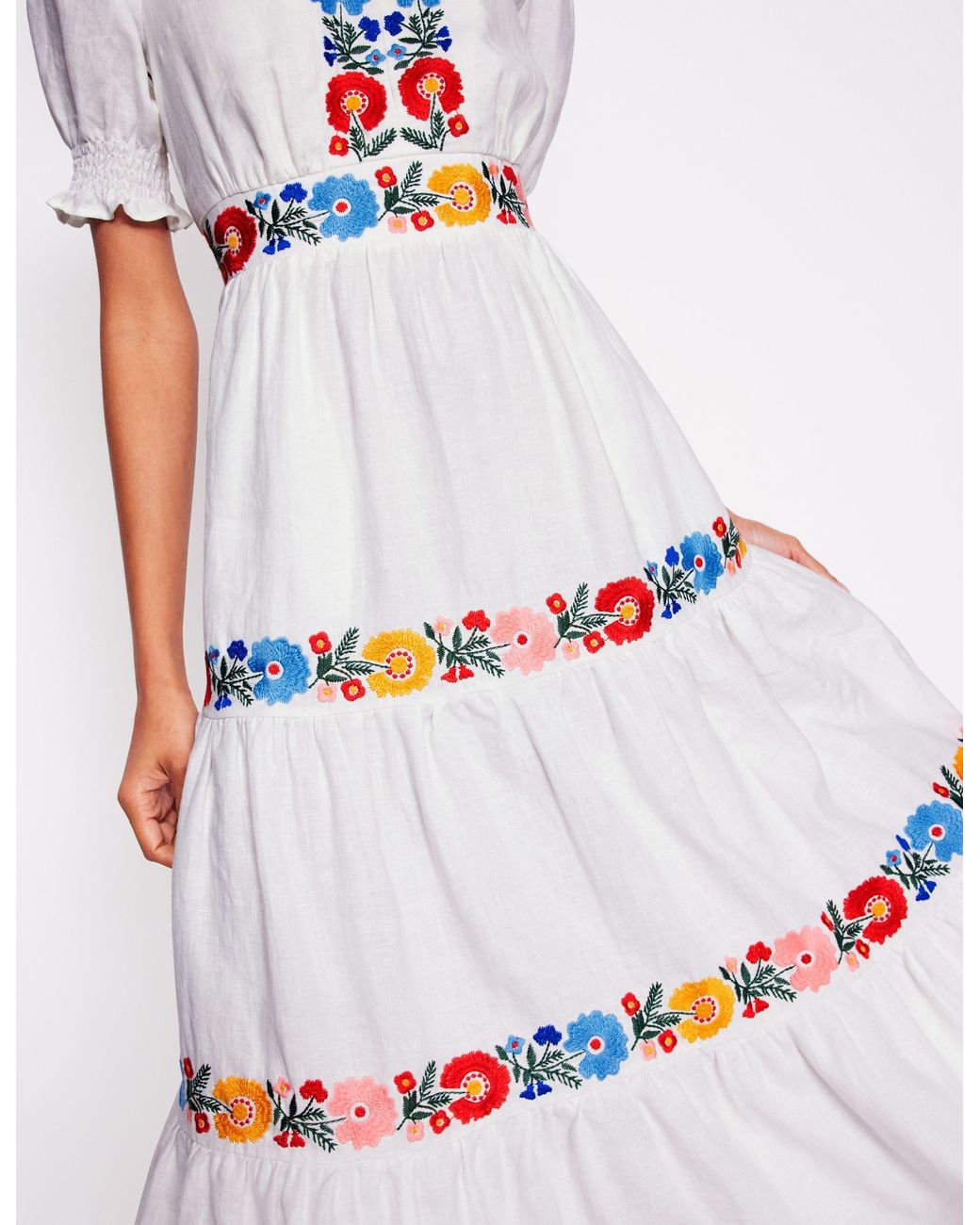 Boden Anna Linen Tiered Midi Dress- Multi Embroidery in White | Lyst UK