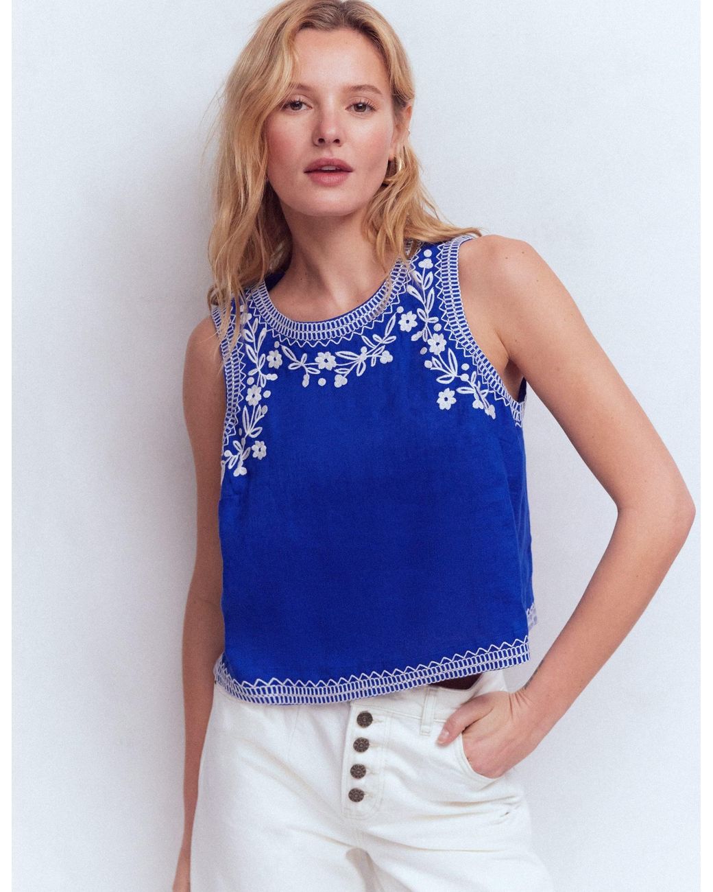 Boden Sofia Embroidered Linen Top-Surf The Web, Ivory Flower Emb in ...