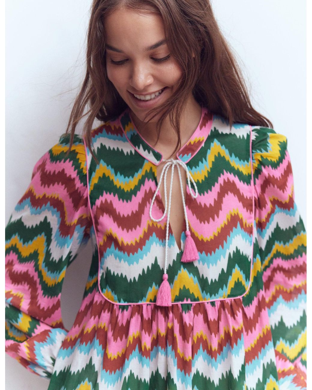 Boden Boho Tie Neck Kaftan-Multi, Zig Zag Wave in Brown | Lyst