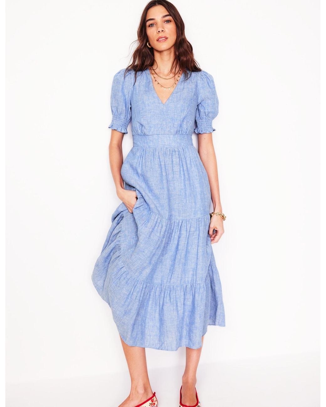 Boden Anna Linen Tiered Midi Dress in Blue | Lyst