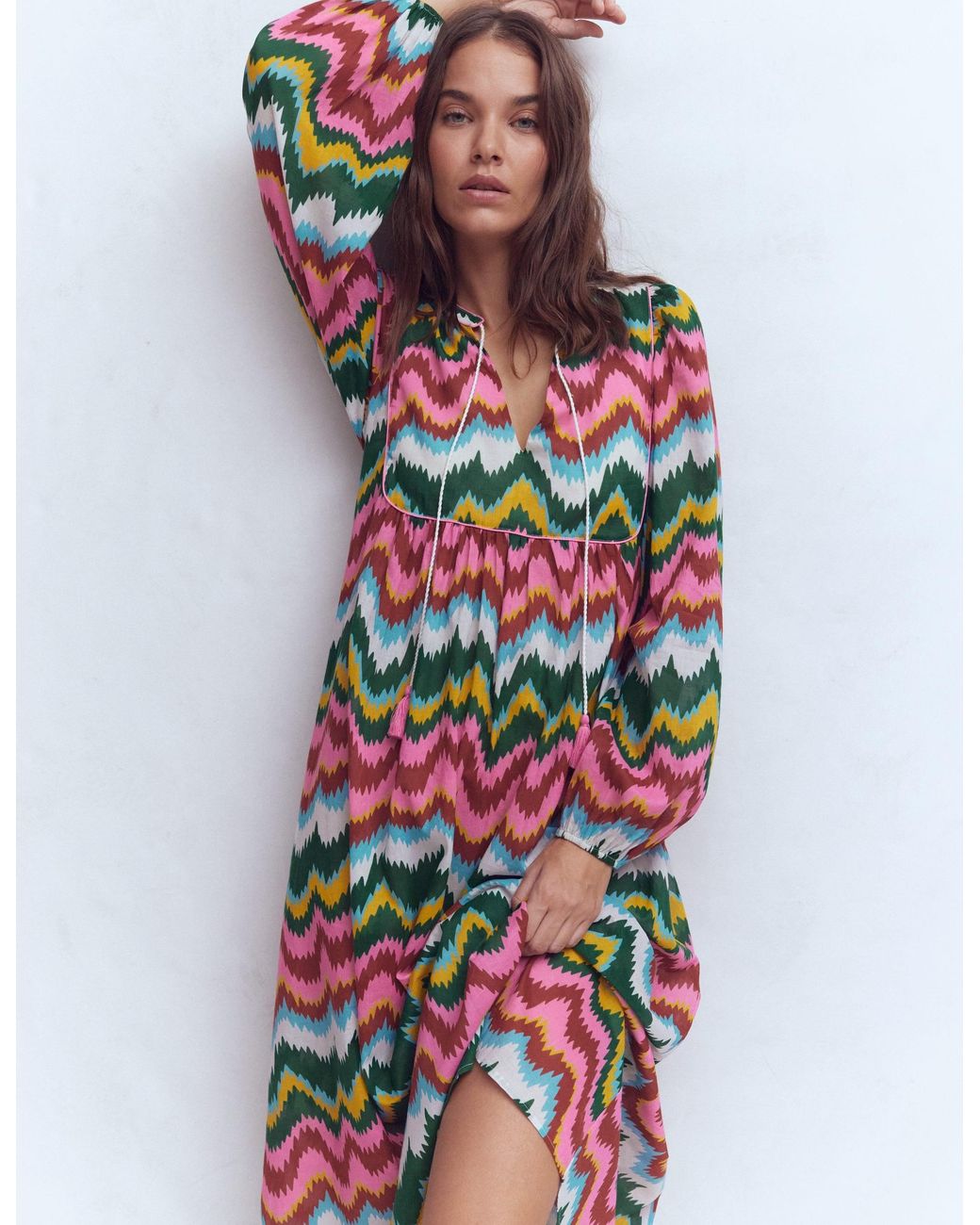 Boden Boho Tie Neck Kaftan-Multi, Zig Zag Wave in Brown | Lyst