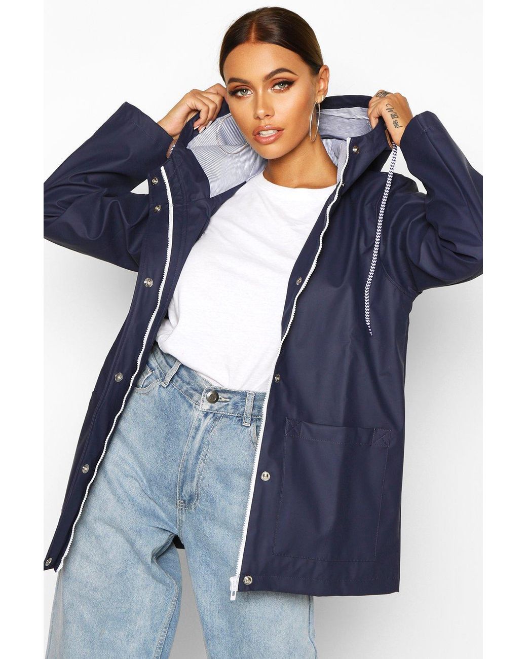 Boohoo Rubberised Rain Mac in Navy (Blue) - Lyst