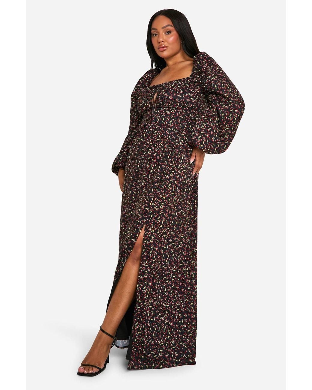 Boohoo Plus Ditsy Balloon Sleeve Milkmaid Maxi Dress in Brown | Lyst