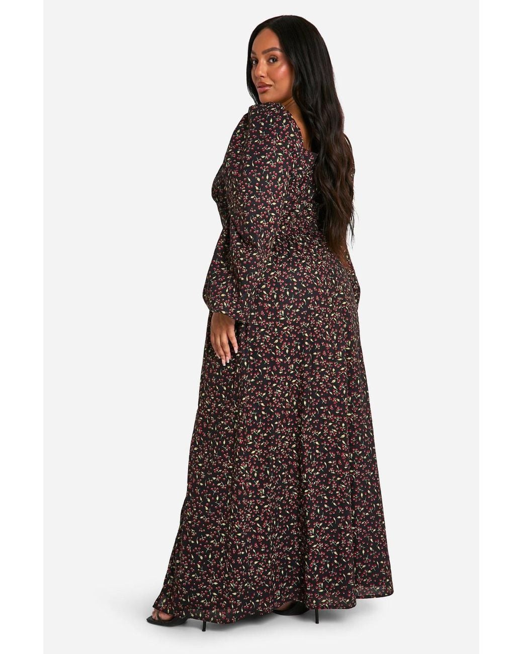 Boohoo Plus Ditsy Balloon Sleeve Milkmaid Maxi Dress in Brown | Lyst