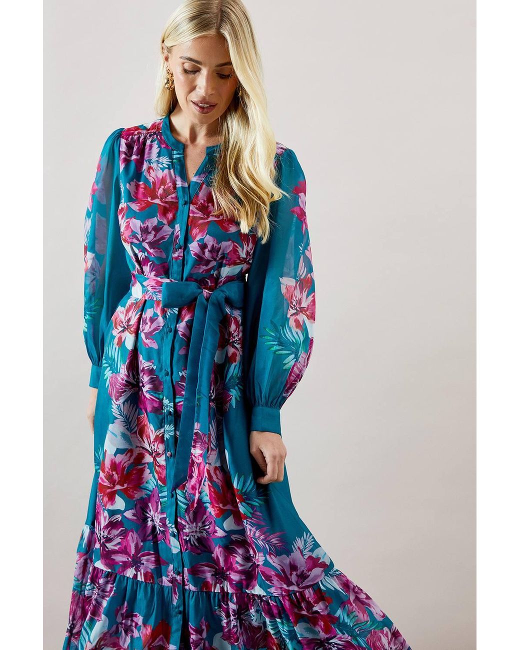 Wallis Petite Floral Organza Collarless Shirt Dress in Blue | Lyst