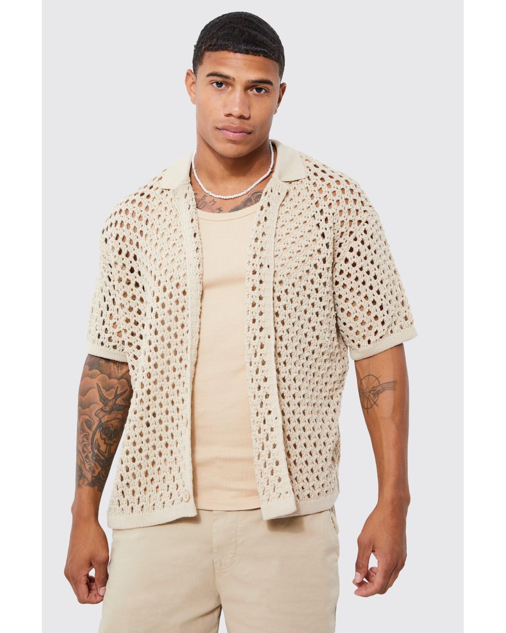 Boohooman Oversized Boxy Fit Crochet Shirt In Natural For Men Lyst